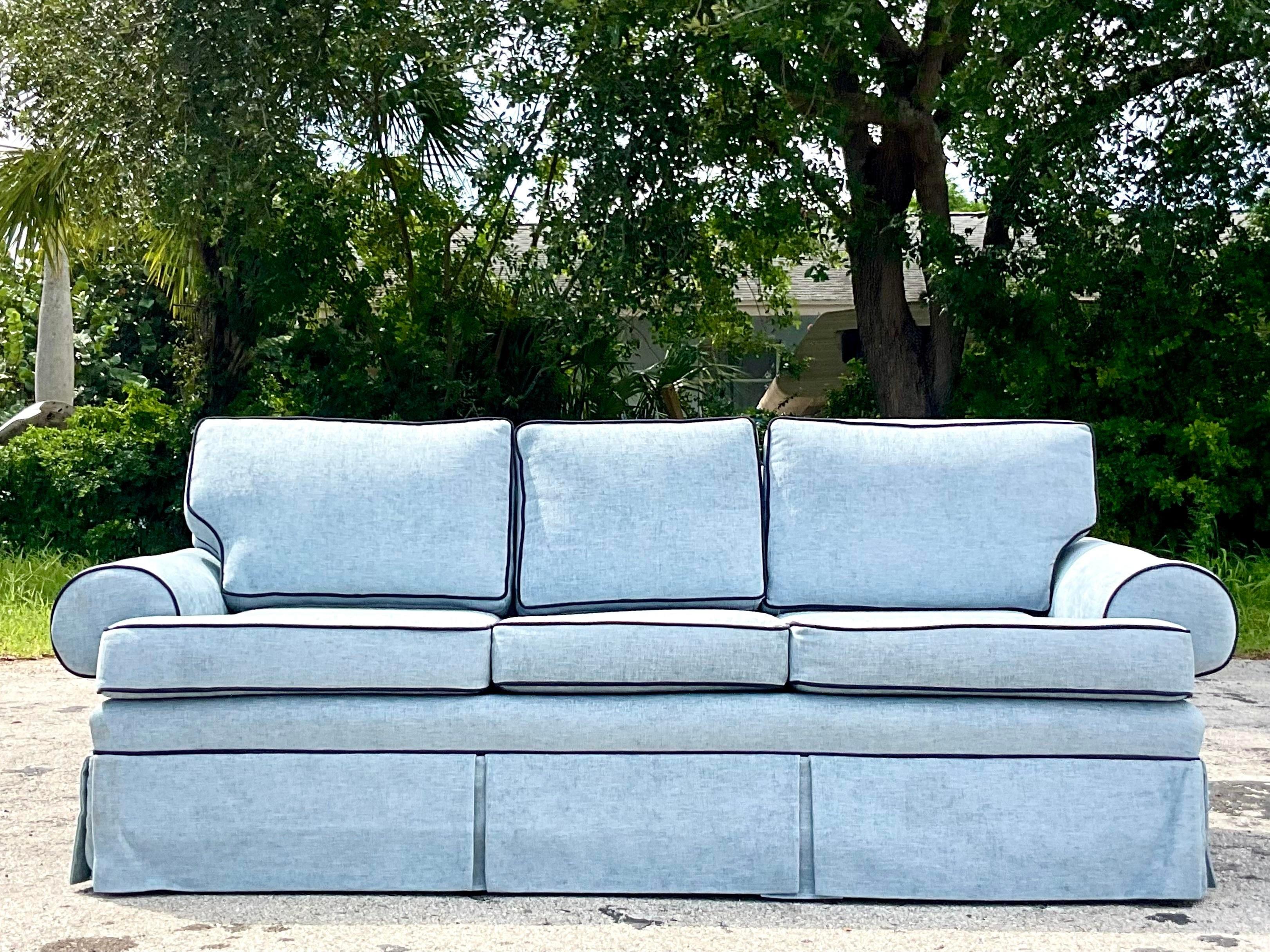 Vintage Boho Roll Arm Three-Seat Tipped Sofa For Sale at 1stDibs