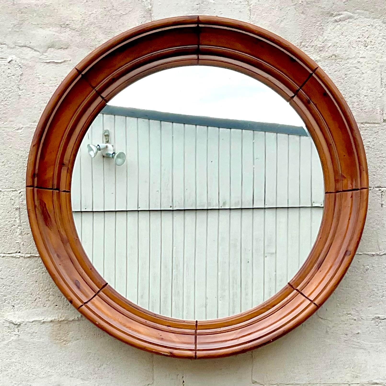 Vintage Boho Round Oak Mirror For Sale at 1stDibs