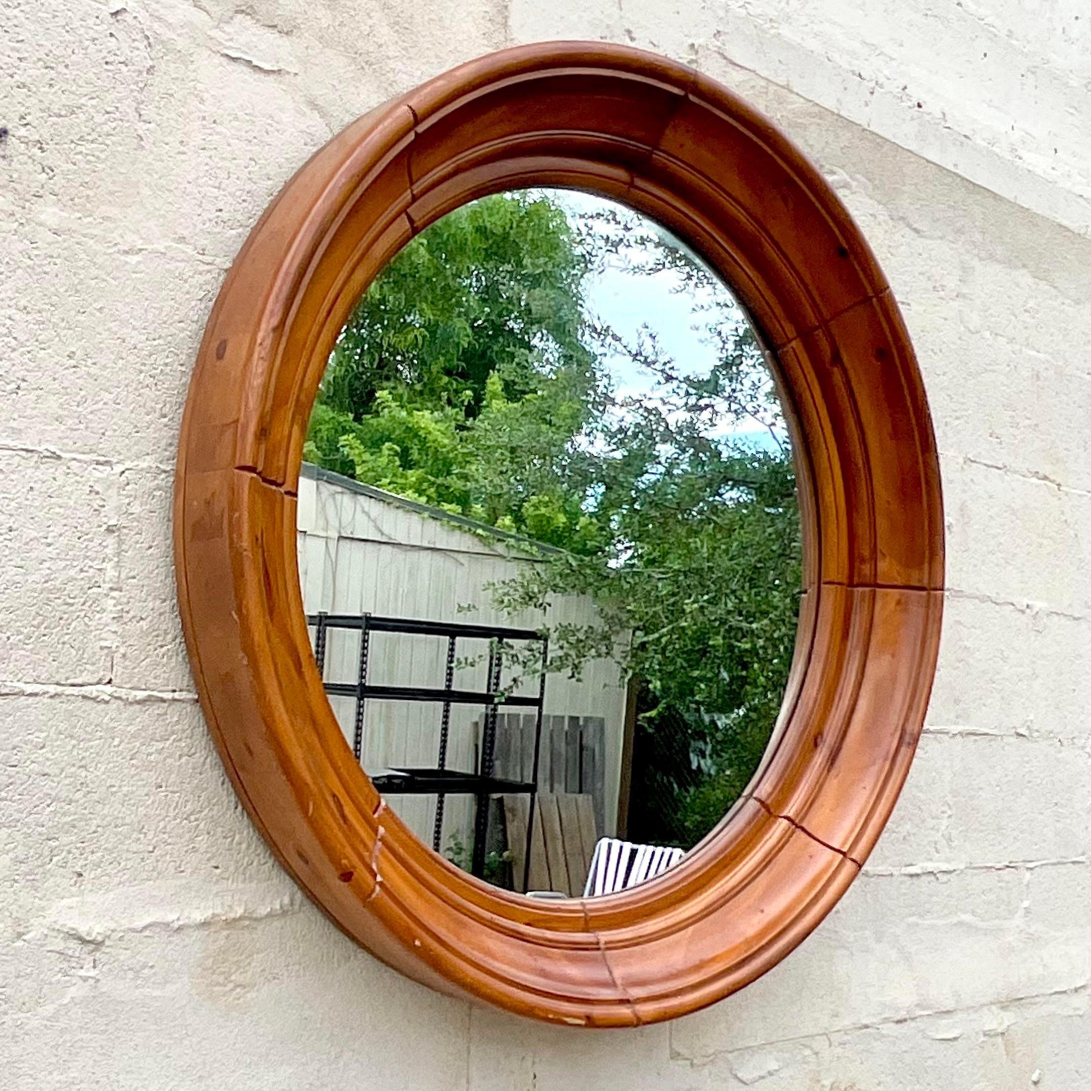 Vintage Boho Round Oak Mirror For Sale at 1stDibs