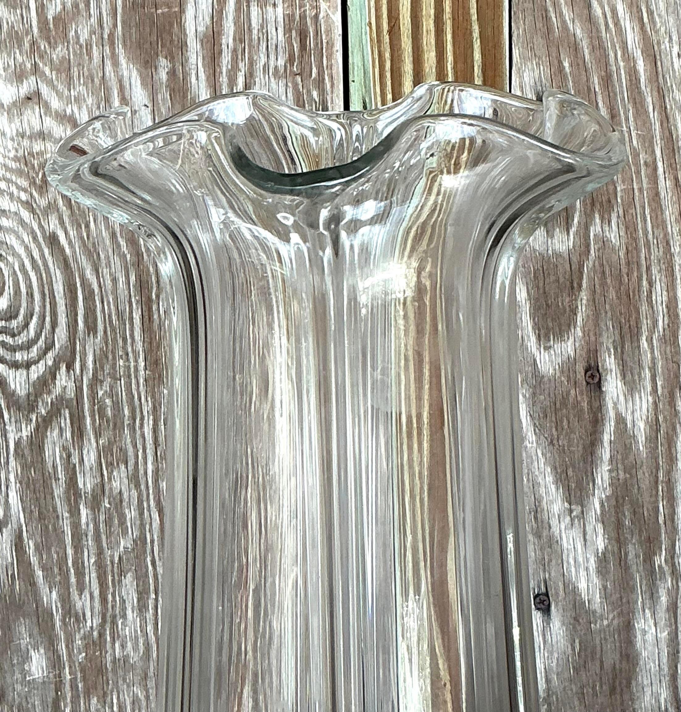 Vintage Boho Ruffle Glass Tall Vase For Sale at 1stDibs