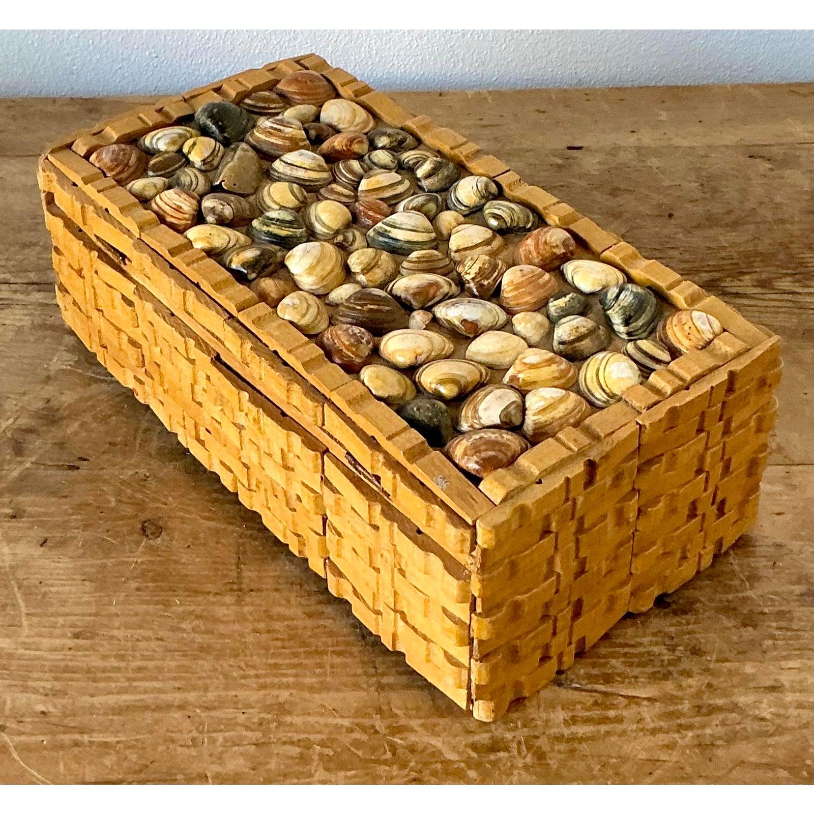 Vintage Boho Shell Encrusted Wood Box For Sale at 1stDibs