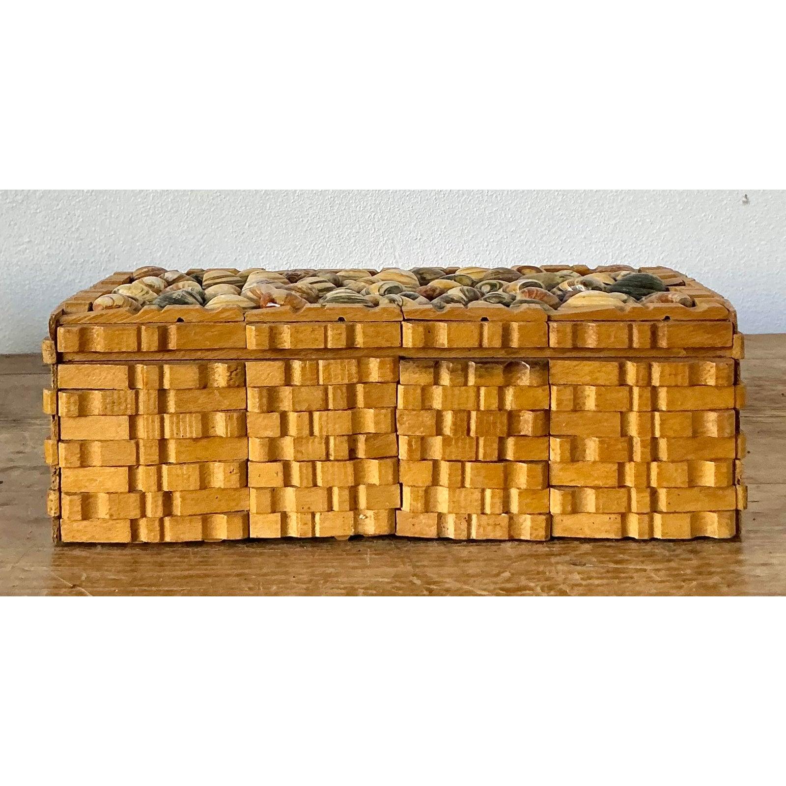 Vintage Boho Shell Encrusted Wood Box For Sale at 1stDibs