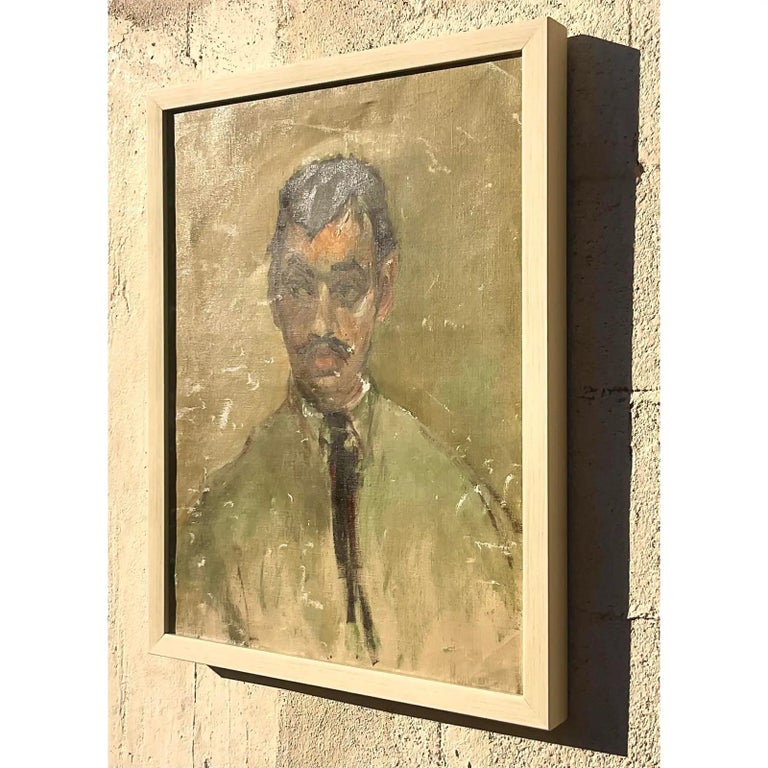 Vintage Boho Signed Distressed Oil Portrait of Man For Sale at 1stDibs