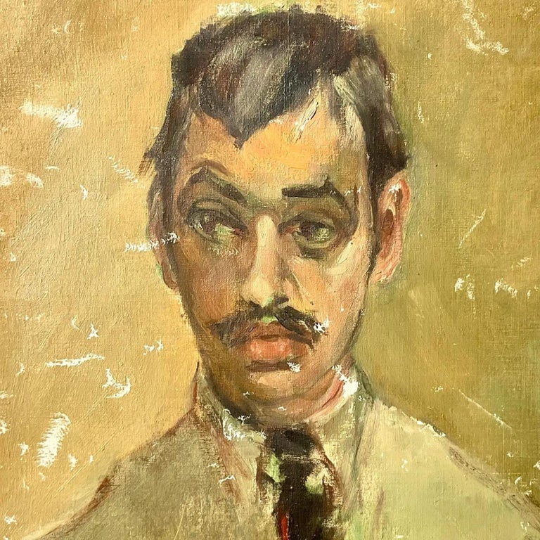 Vintage Boho Signed Distressed Oil Portrait of Man For Sale at 1stDibs
