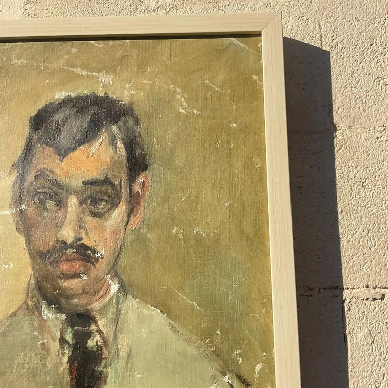 Vintage Boho Signed Distressed Oil Portrait of Man For Sale at 1stDibs