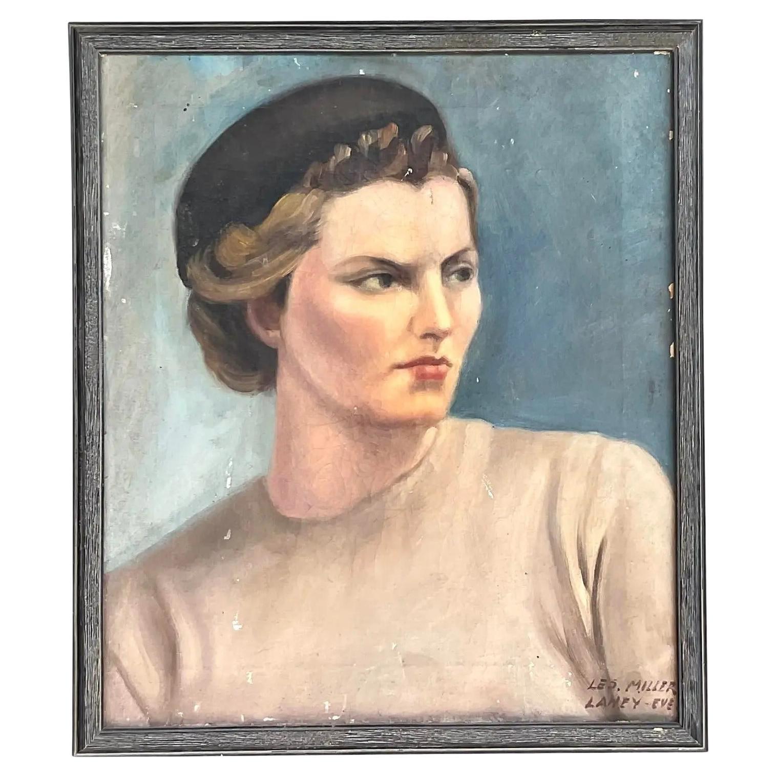 Vintage Boho Signed Original Oil Portrait on Canvas For Sale at 1stDibs