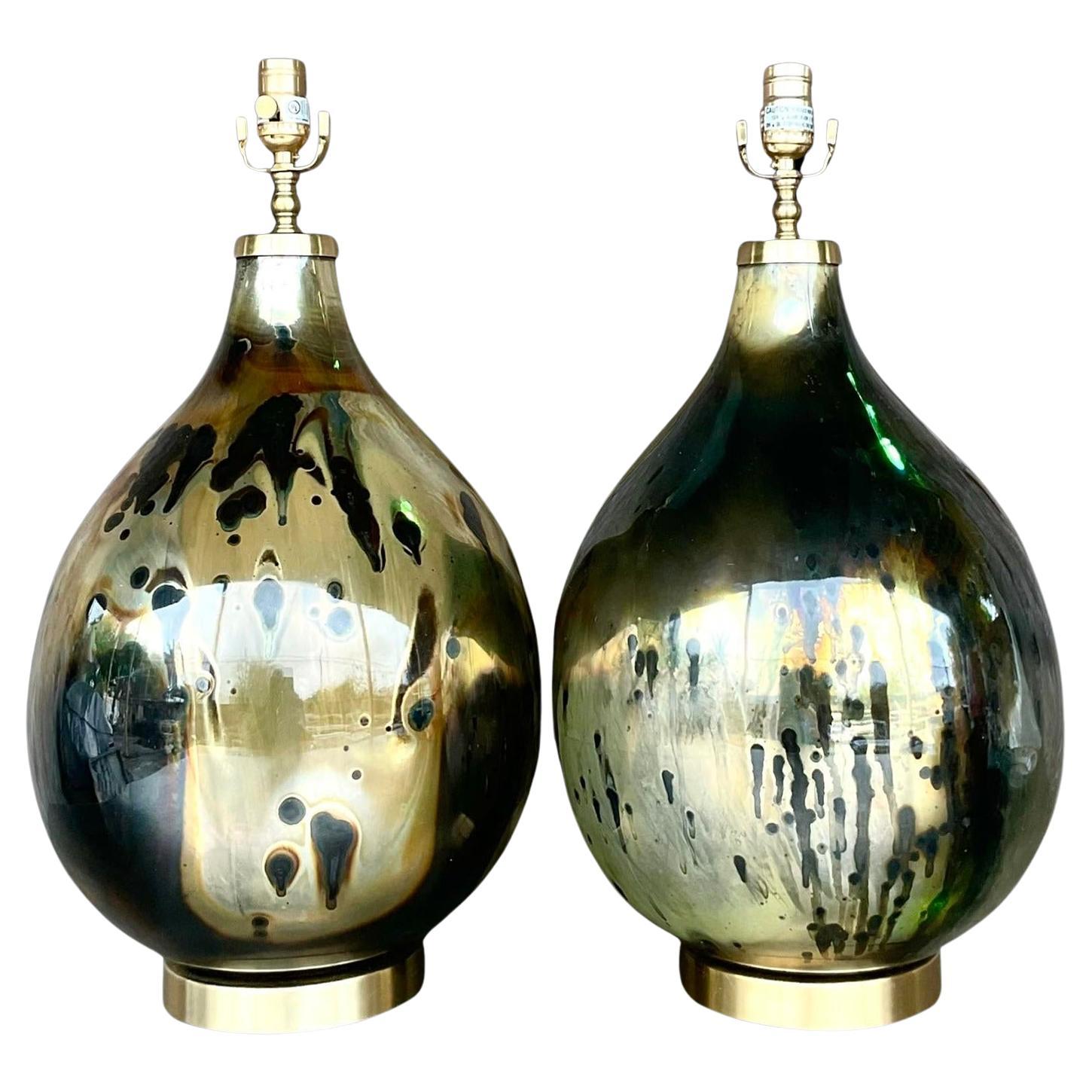 Vintage Boho Rippled Mercury Glass Lamps - a Pair For Sale at 1stDibs