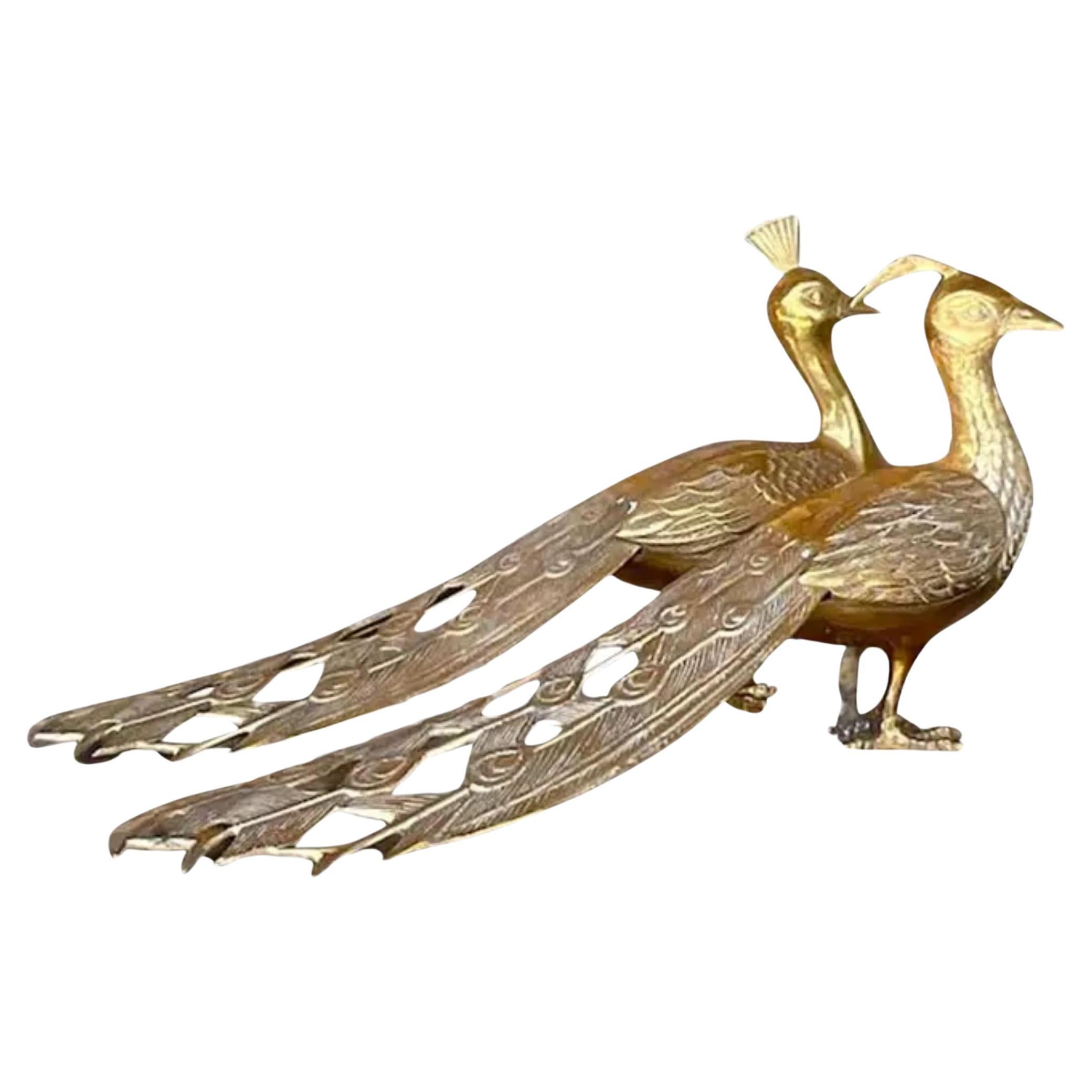 Vintage Boho Solid Brass Peacocks - a Pair For Sale at 1stDibs