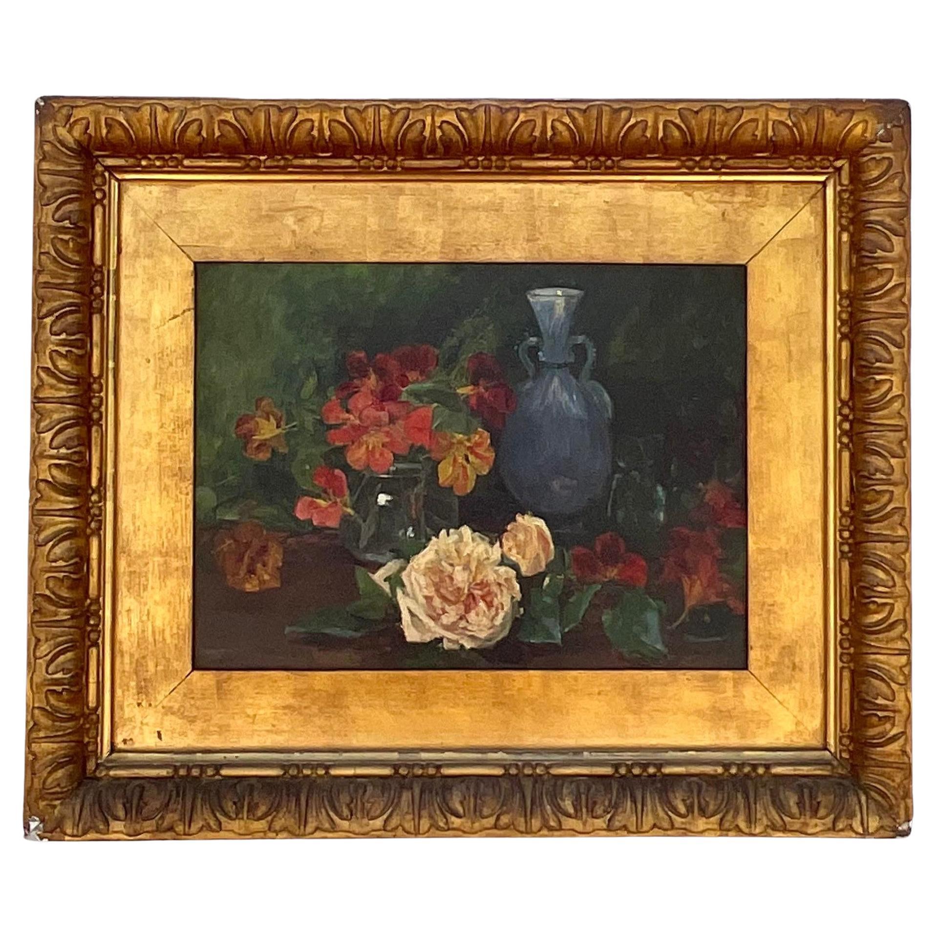 Vintage Boho Tabletop Still Life Oil Painting on Canvas For Sale at 1stDibs