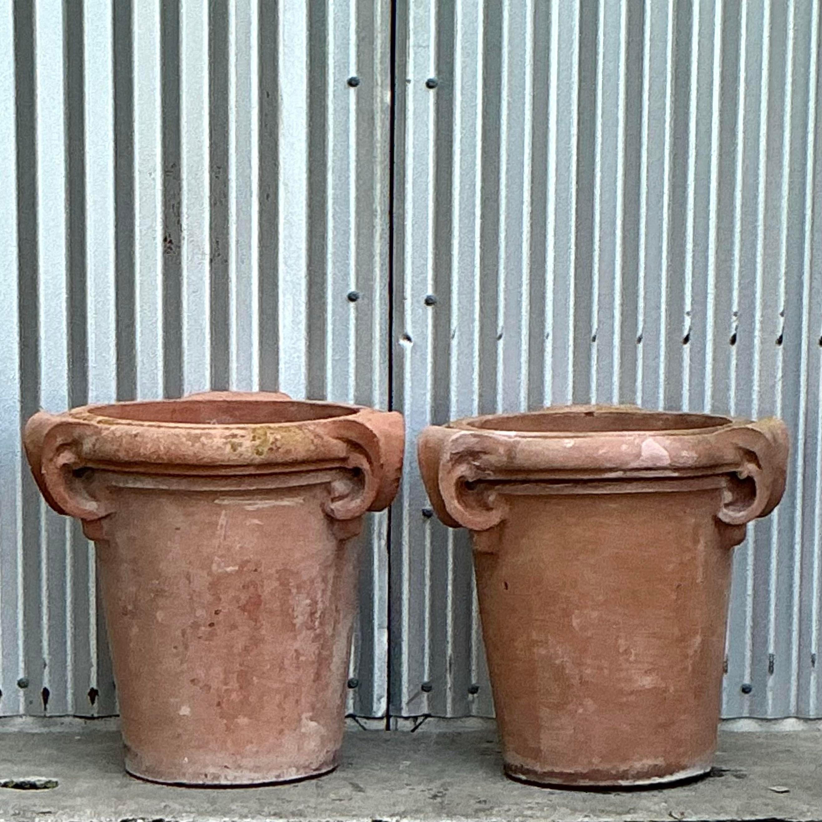 Vintage Boho Terracotta Loop Planters - a Pair For Sale at 1stDibs