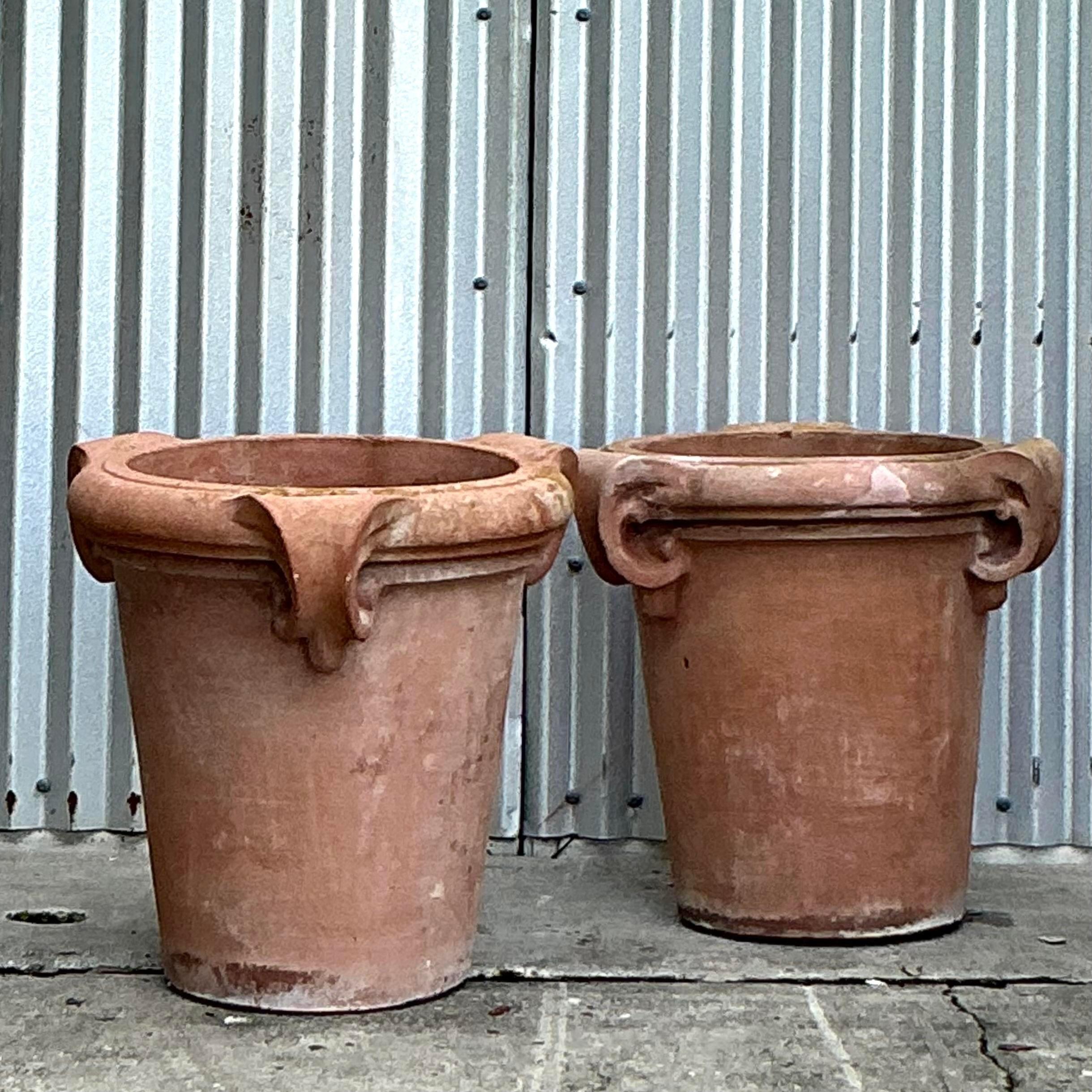 Vintage Boho Terracotta Loop Planters - a Pair For Sale at 1stDibs