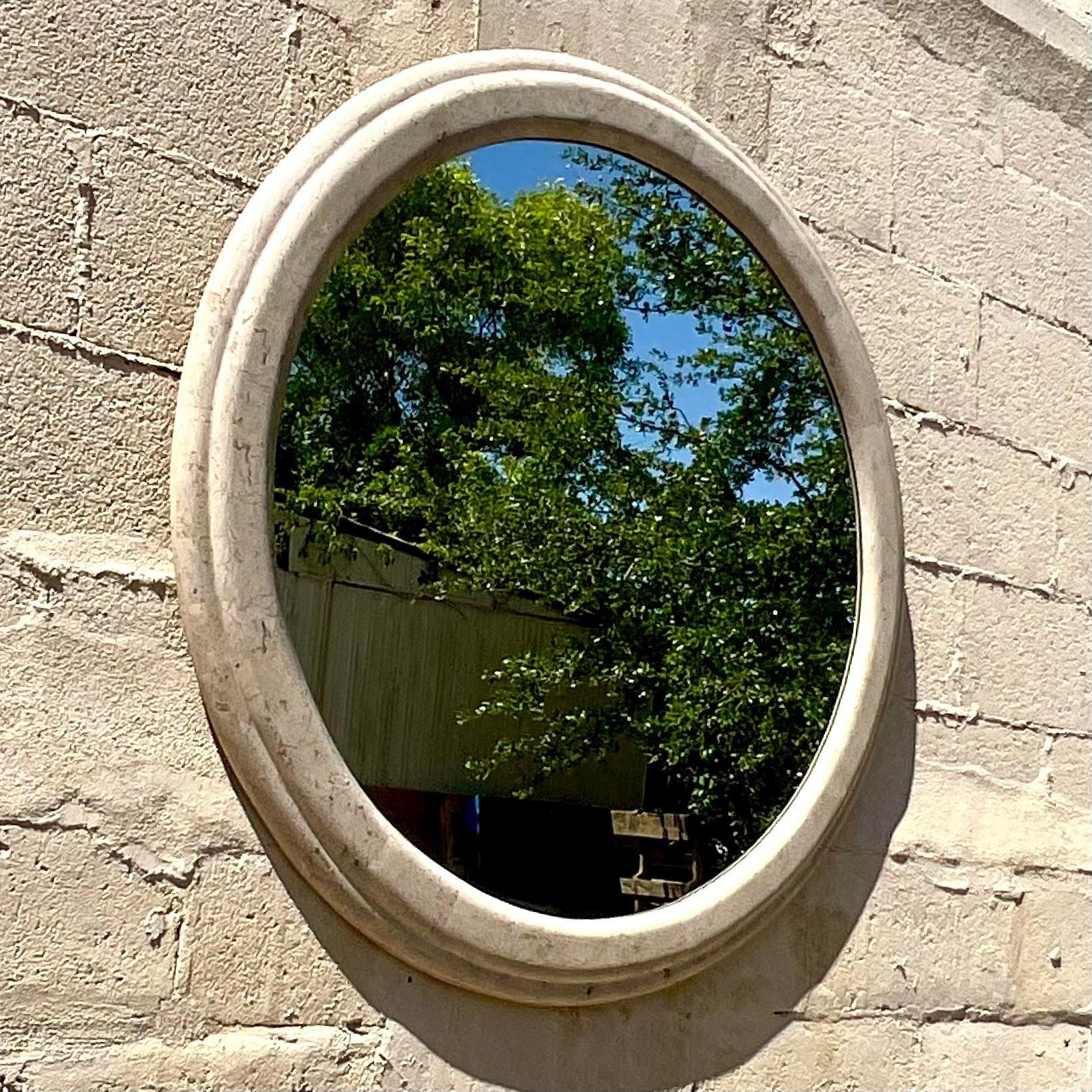 Vintage Boho Tessellated Stone Round Mirror For Sale at 1stDibs