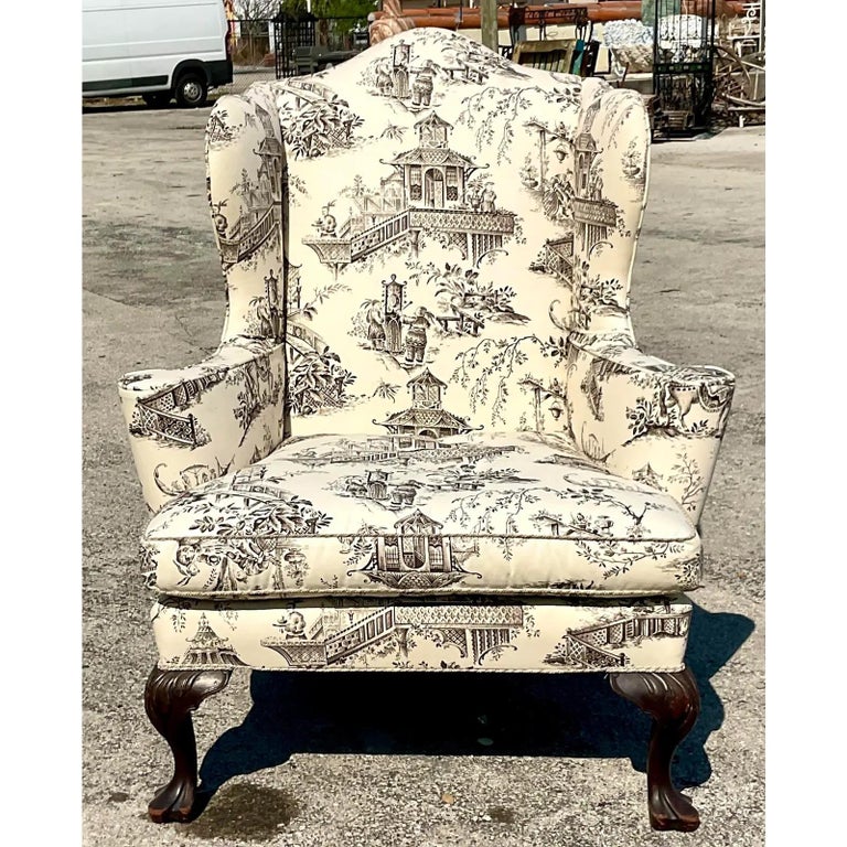 Vintage Boho Toile Print Wingback Chair For Sale at 1stDibs