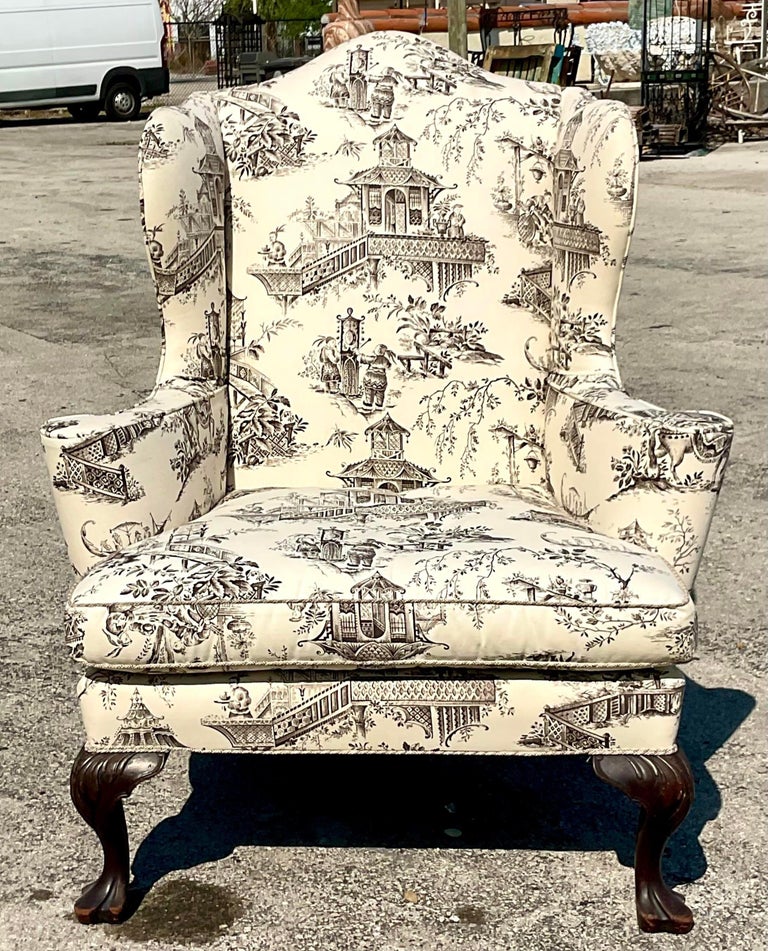 Vintage Boho Toile Print Wingback Chair For Sale at 1stDibs