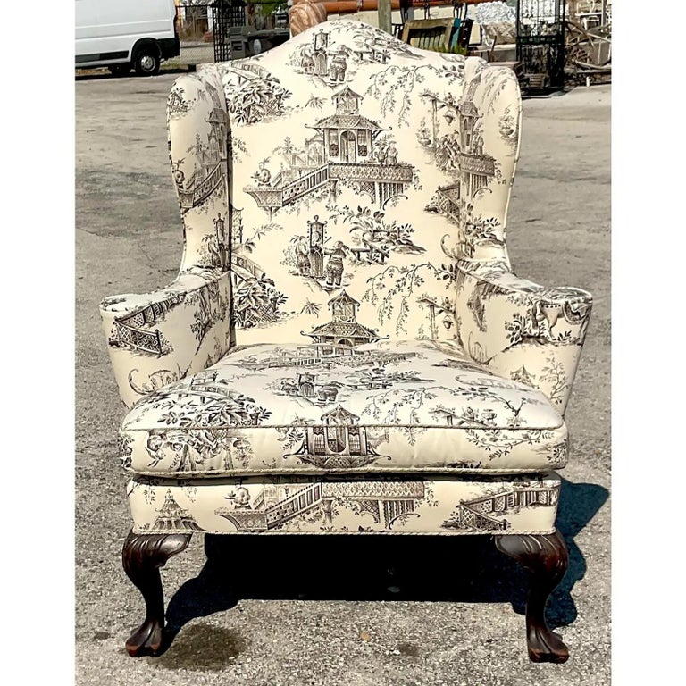 Vintage Boho Toile Print Wingback Chair For Sale at 1stDibs