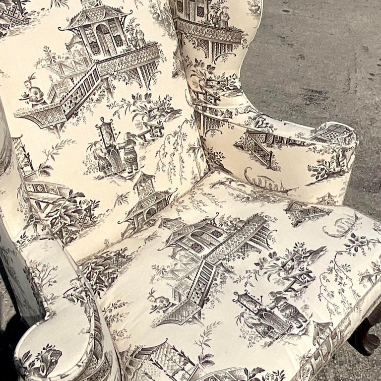 Vintage Boho Toile Print Wingback Chair For Sale at 1stDibs
