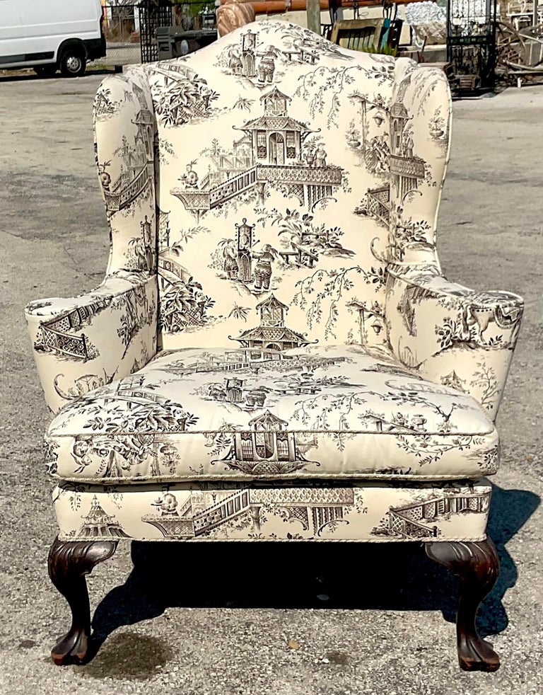 Vintage Boho Toile Print Wingback Chair For Sale at 1stDibs