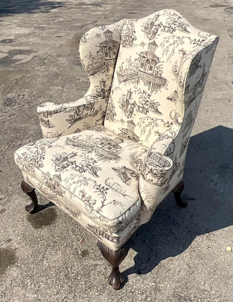 Vintage Boho Toile Print Wingback Chair For Sale at 1stDibs