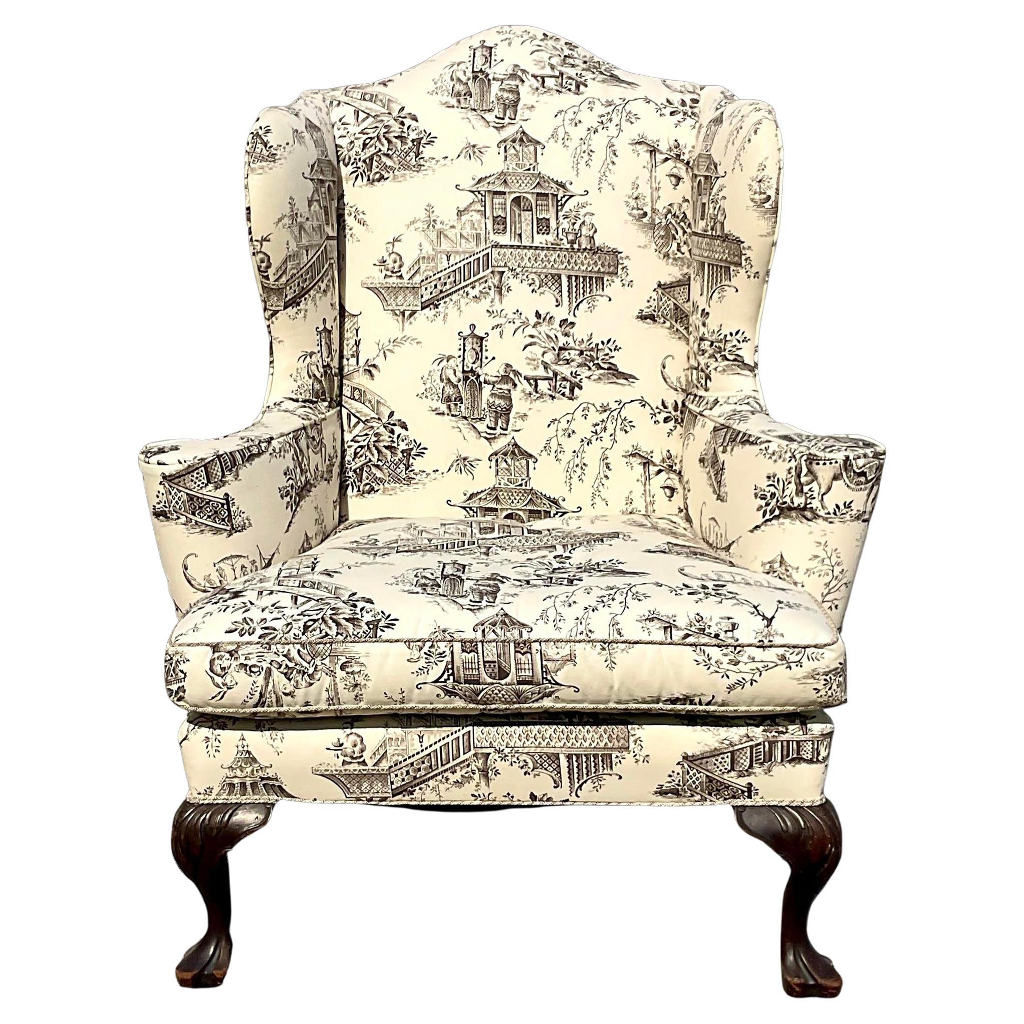 Vintage Boho Toile Print Wingback Chair For Sale at 1stDibs