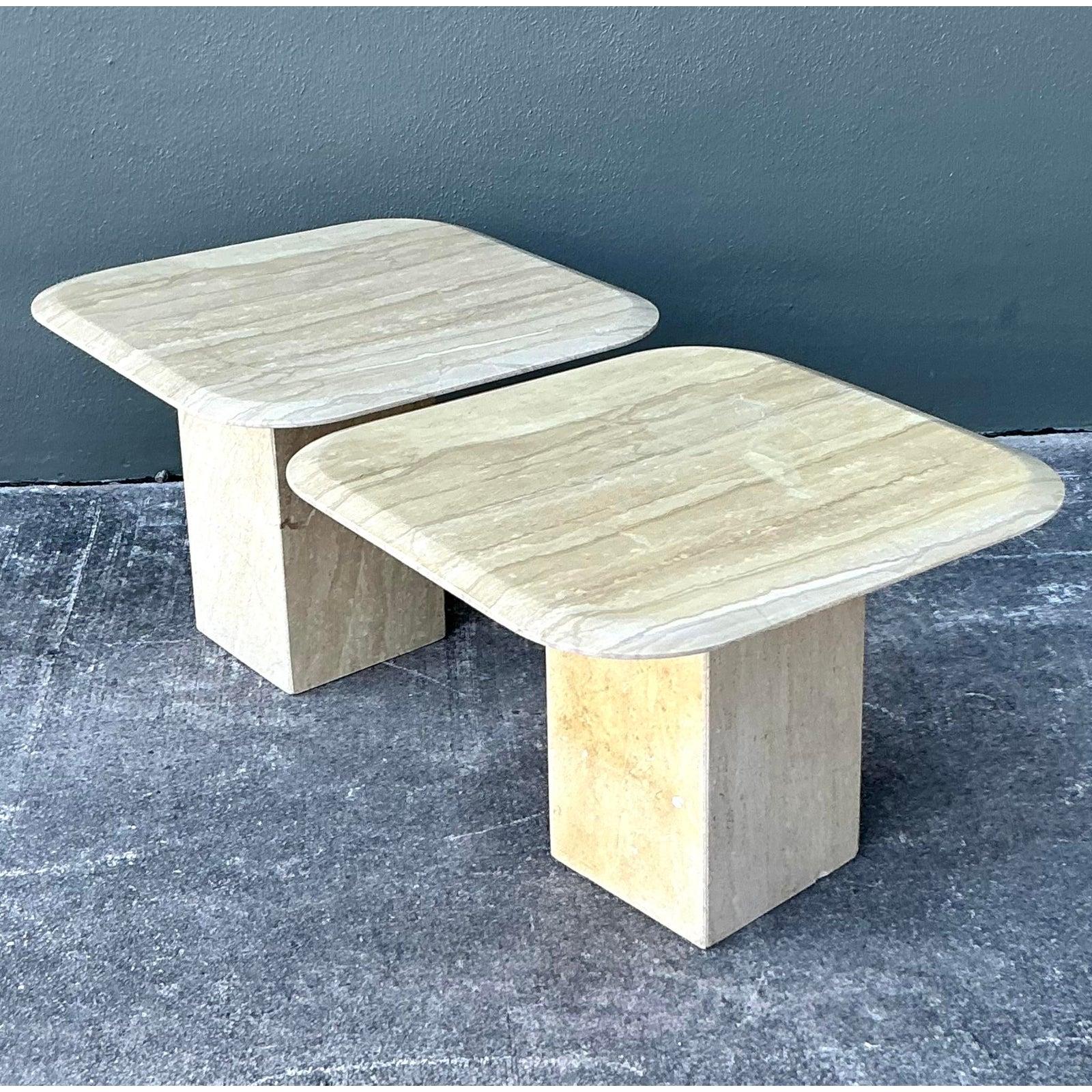 Vintage Boho Travertine Side Tables - A Pair For Sale at 1stDibs