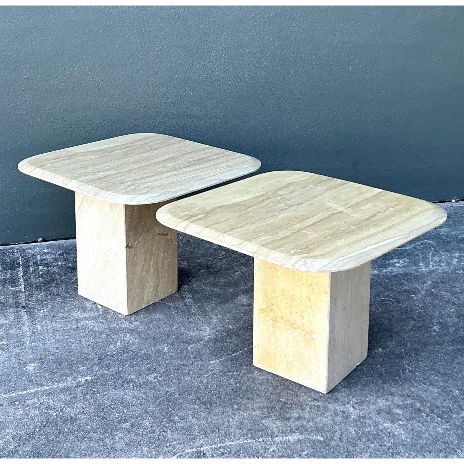 Vintage Boho Travertine Side Tables - A Pair For Sale at 1stDibs