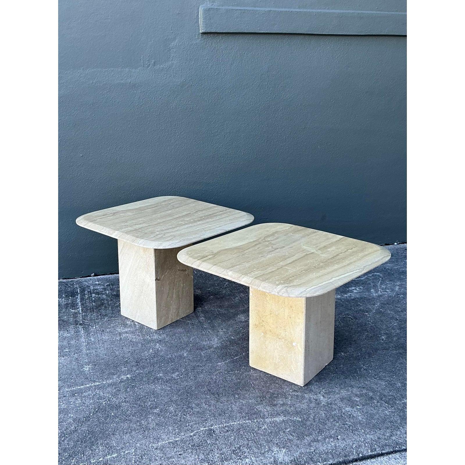 Vintage Boho Travertine Side Tables - A Pair For Sale at 1stDibs