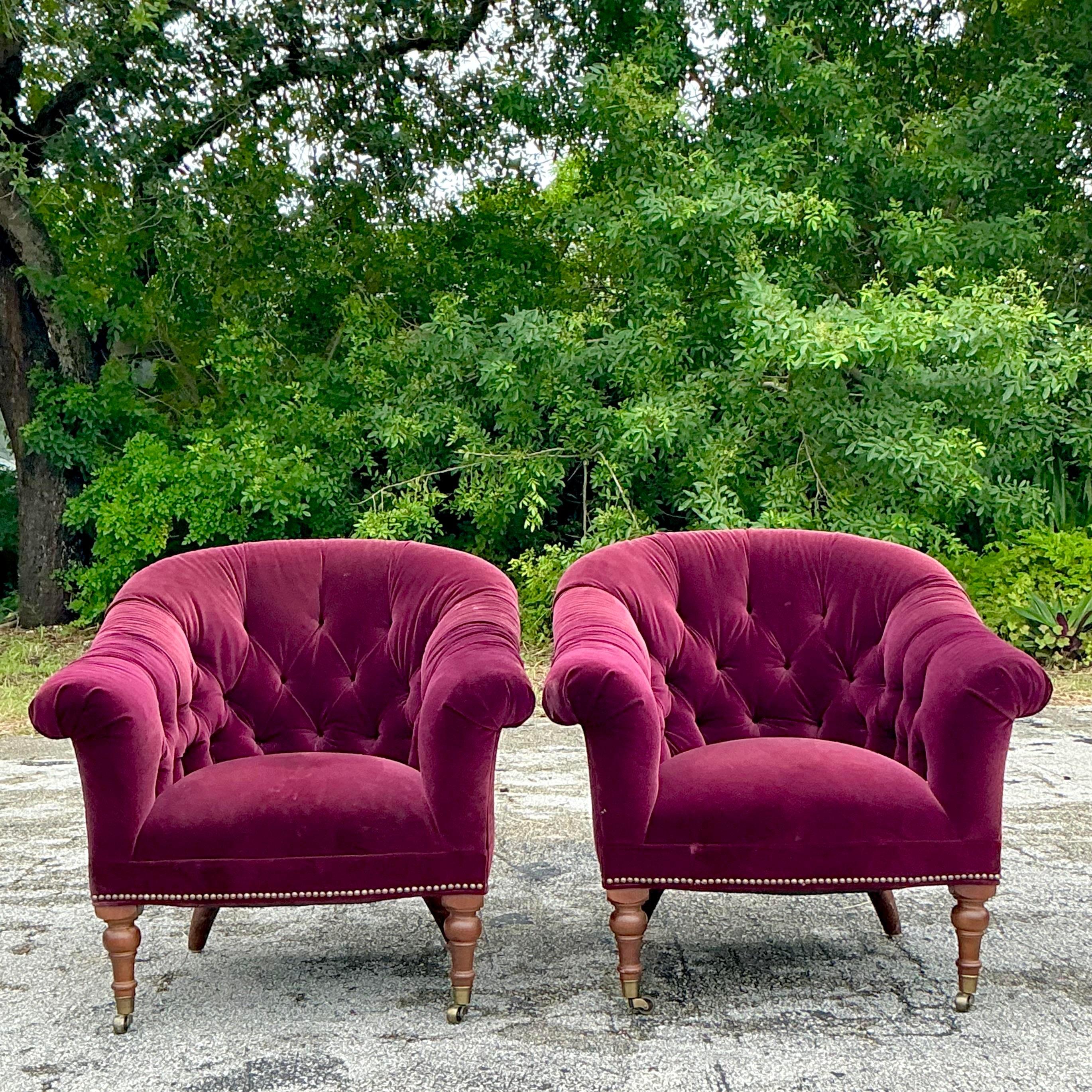 Vintage Boho Tufted Velvet Lounge Chairs - a Pair For Sale at 1stDibs