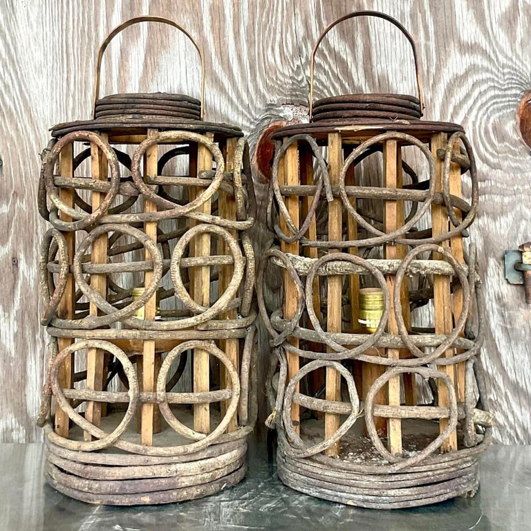 Vintage Boho Twisted Grape Vine Table Lamps, a Pair For Sale at 1stDibs