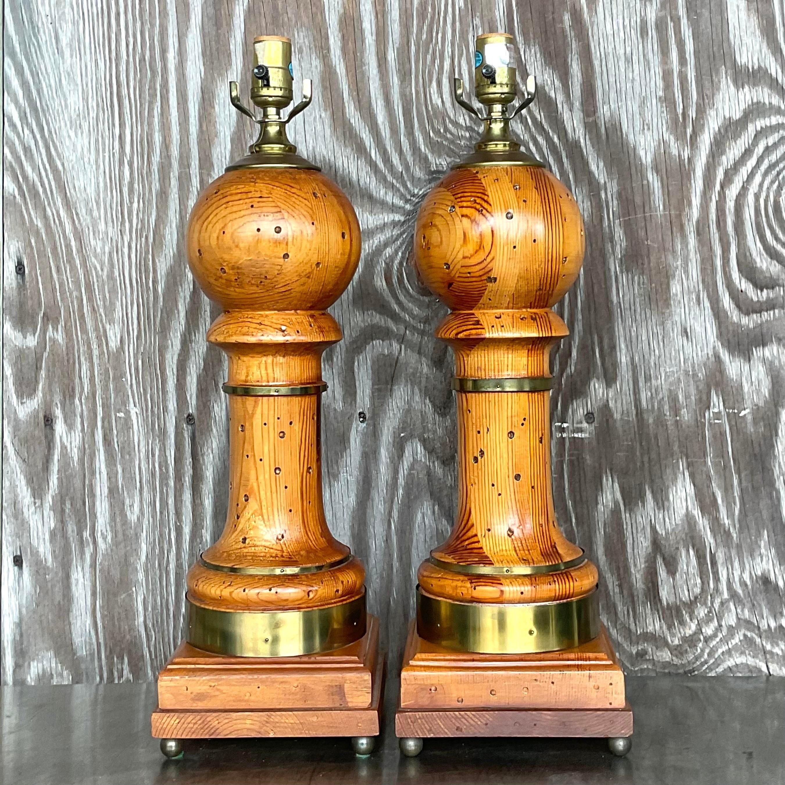 Vintage Boho Wood Balustrade Table Lamps - a Pair For Sale at 1stDibs