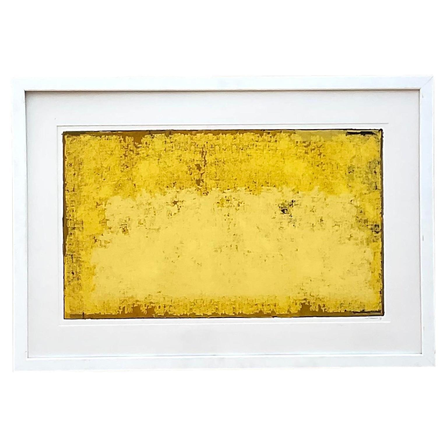 Vintage Boho Yellow Abstract Lithograph For Sale at 1stDibs