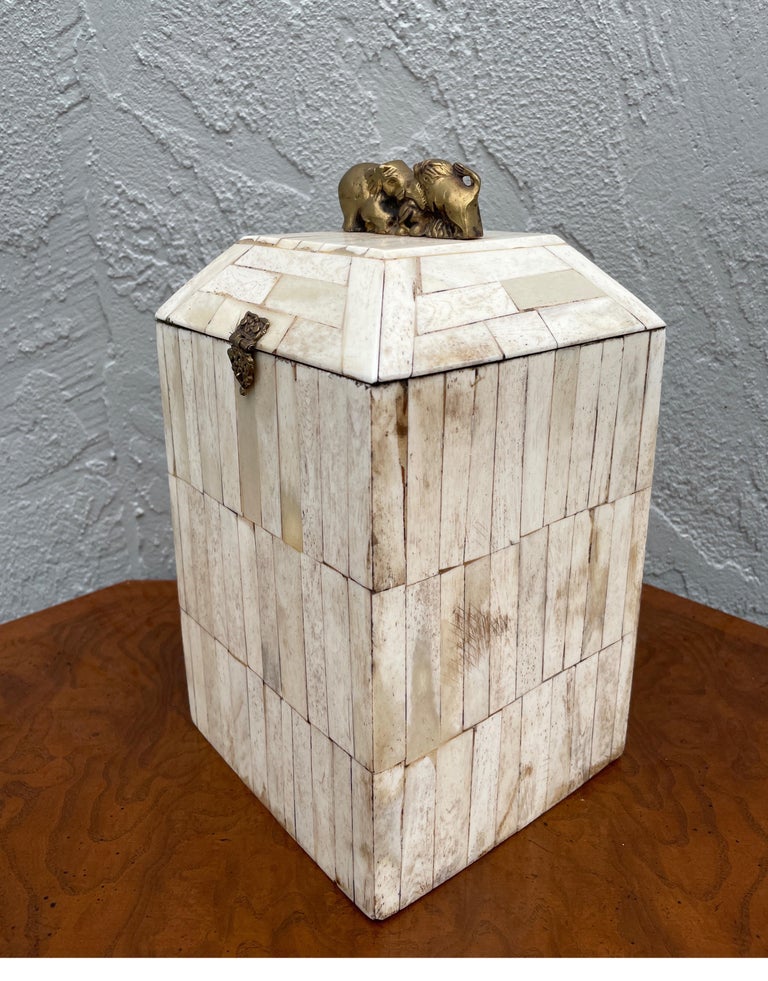 Vintage Bone Box with Elephant and Lion Handle For Sale at 1stDibs