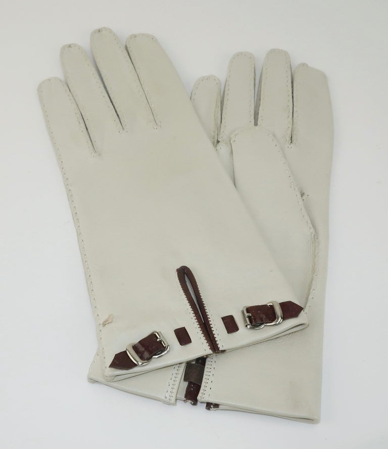 Vintage Bone Leather Gloves With Buckle Accents For Sale at 1stDibs