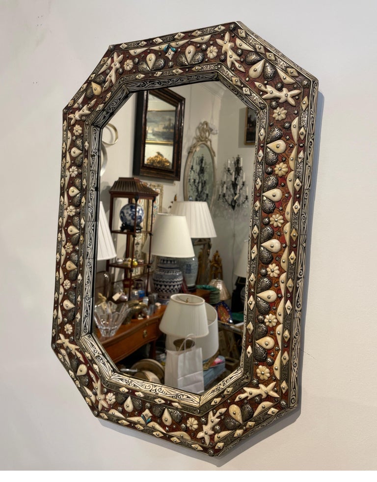 Vintage Bone, Silver and Turquoise Octagon Shaped Mirror at 1stDibs
