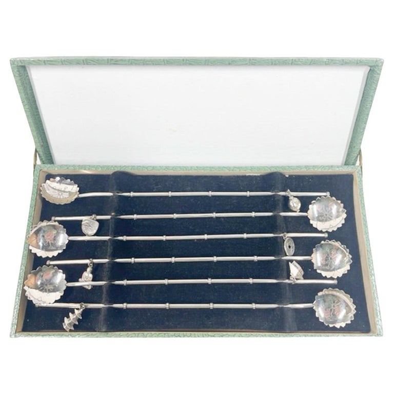 Vintage Boxed Set of Six Cocktail Sipper Stir Spoons in Silver For Sale ...