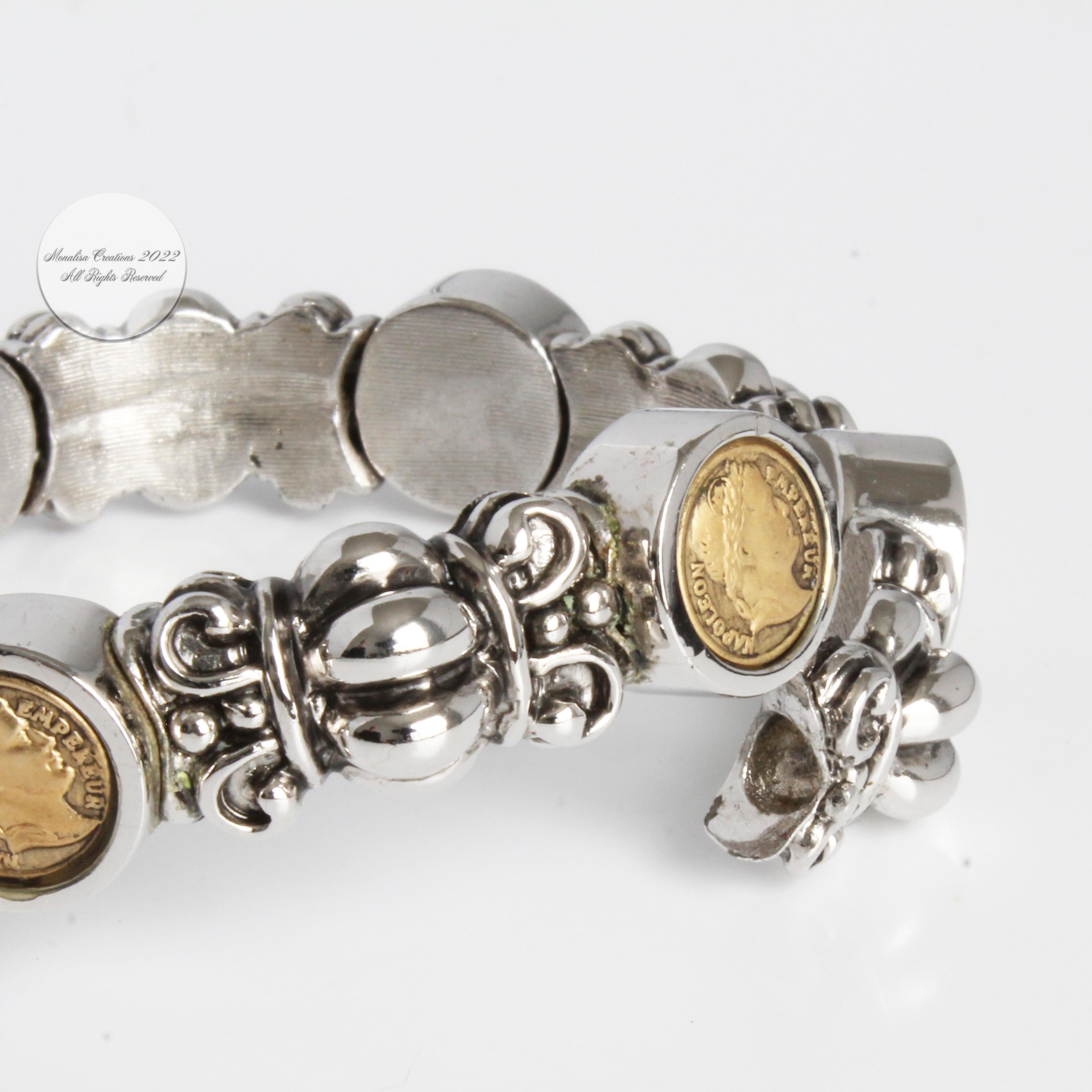 Vintage Bracelet with Napoleon Coins and Scrolling Silver Metal Clamper ...