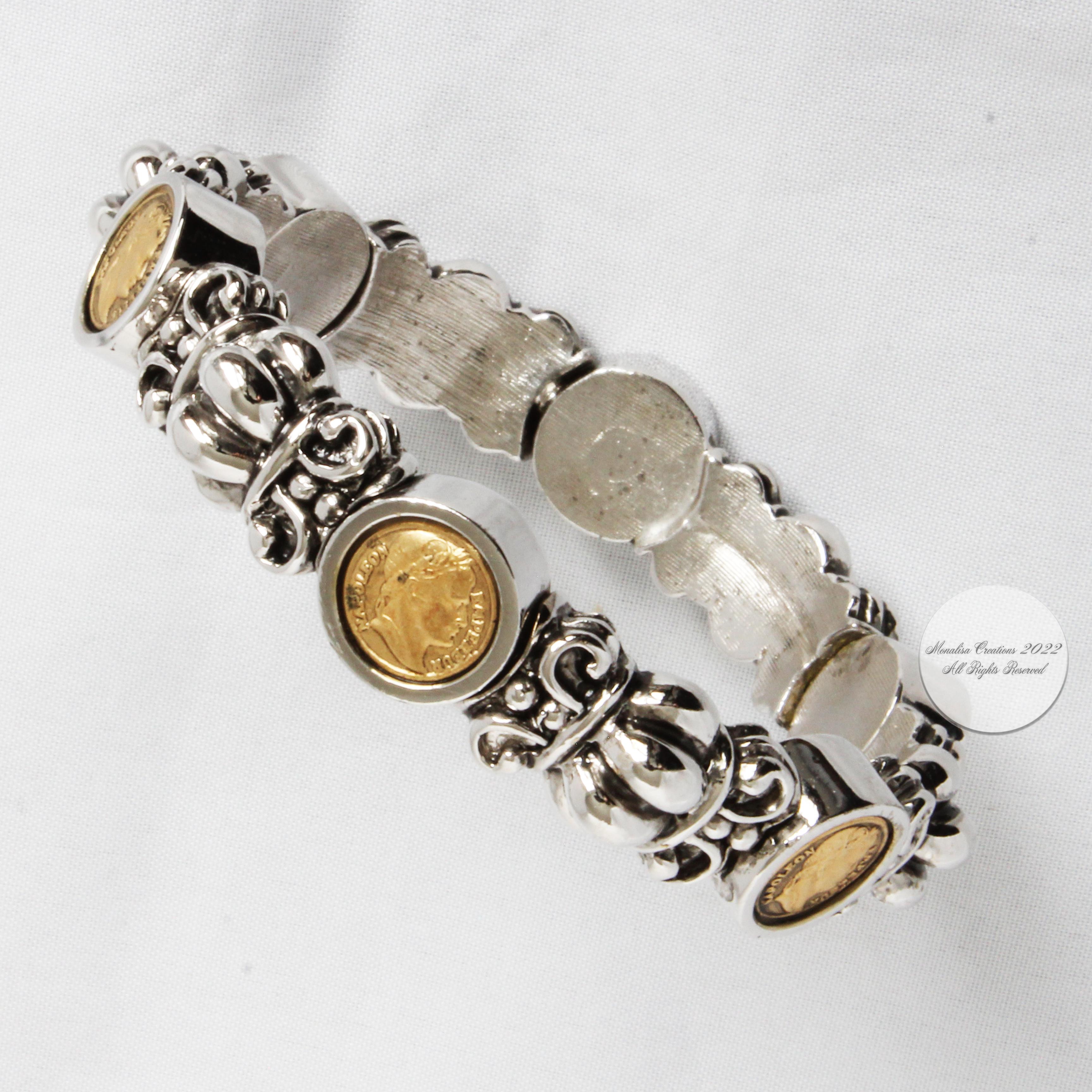Vintage Bracelet with Napoleon Coins and Scrolling Silver Metal Clamper ...