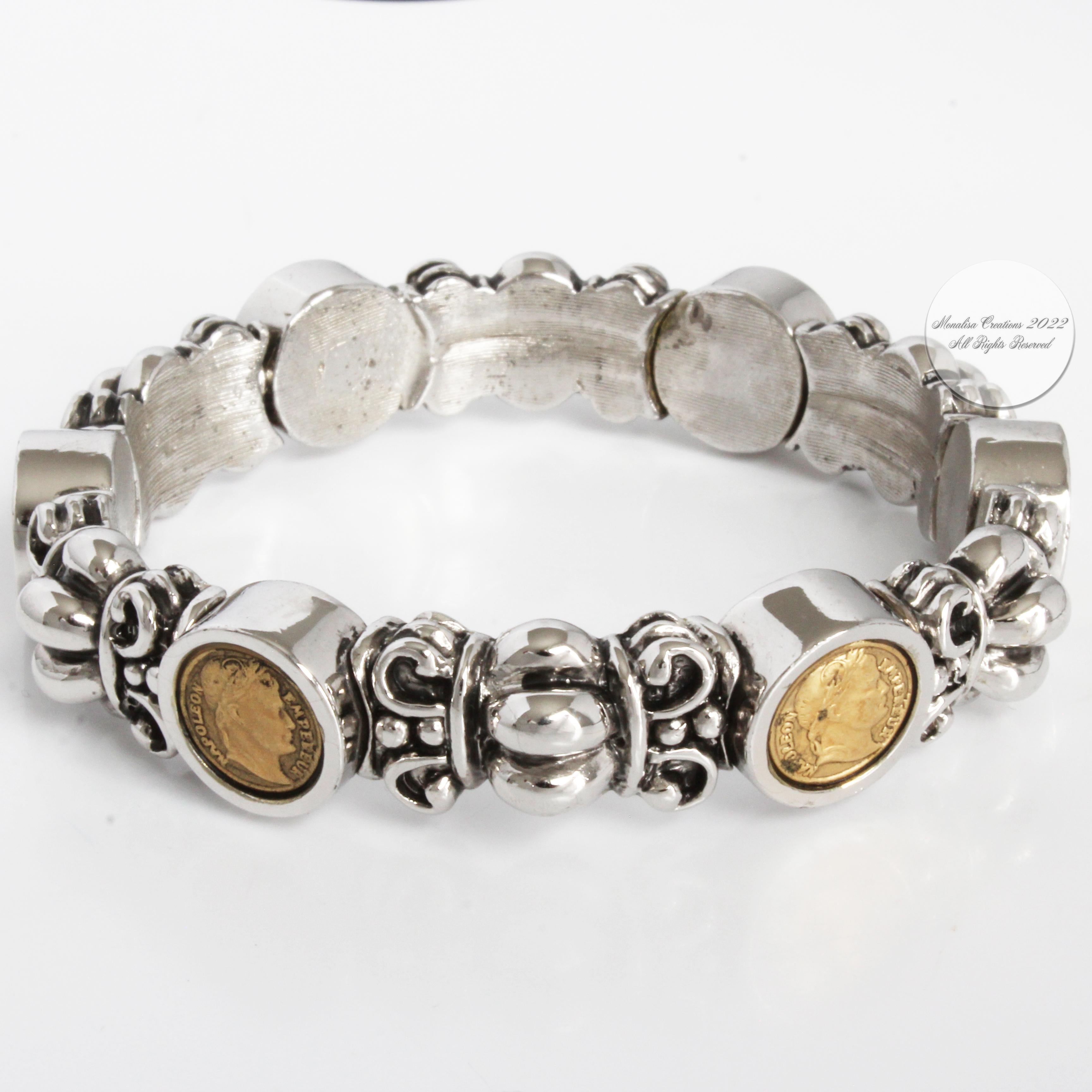 Vintage Bracelet with Napoleon Coins and Scrolling Silver Metal Clamper ...