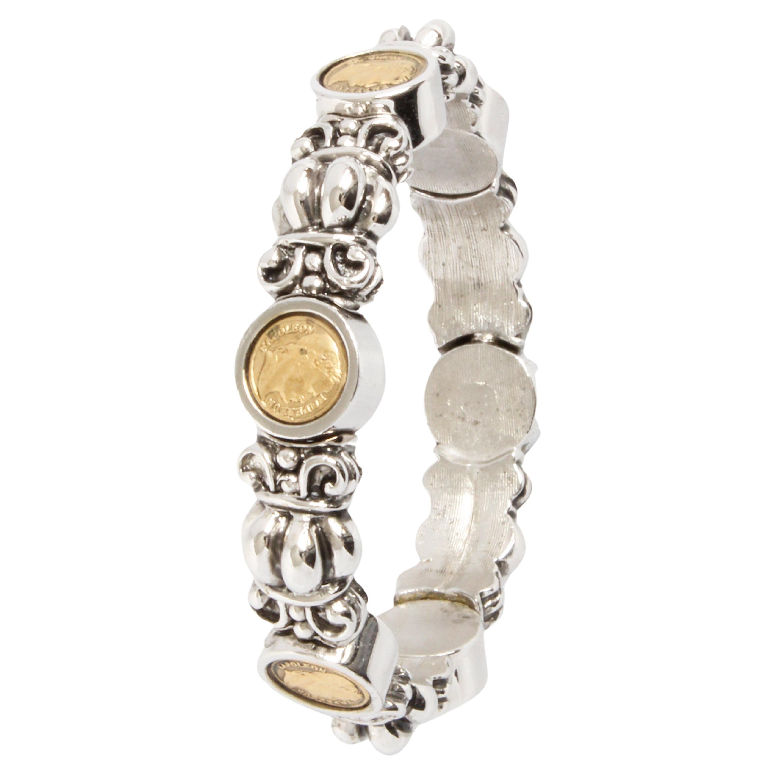 Vintage Bracelet with Napoleon Coins and Scrolling Silver Metal Clamper ...