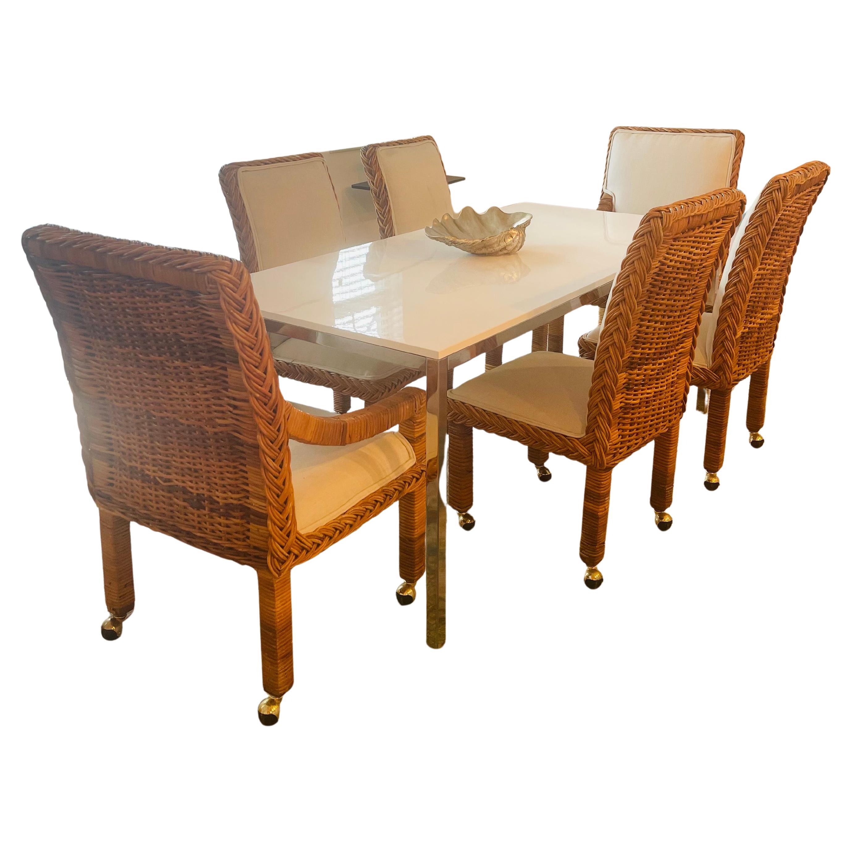 Vintage Braided Rattan Bamboo Wicker Works 6 Dining Chairs Set For Sale ...