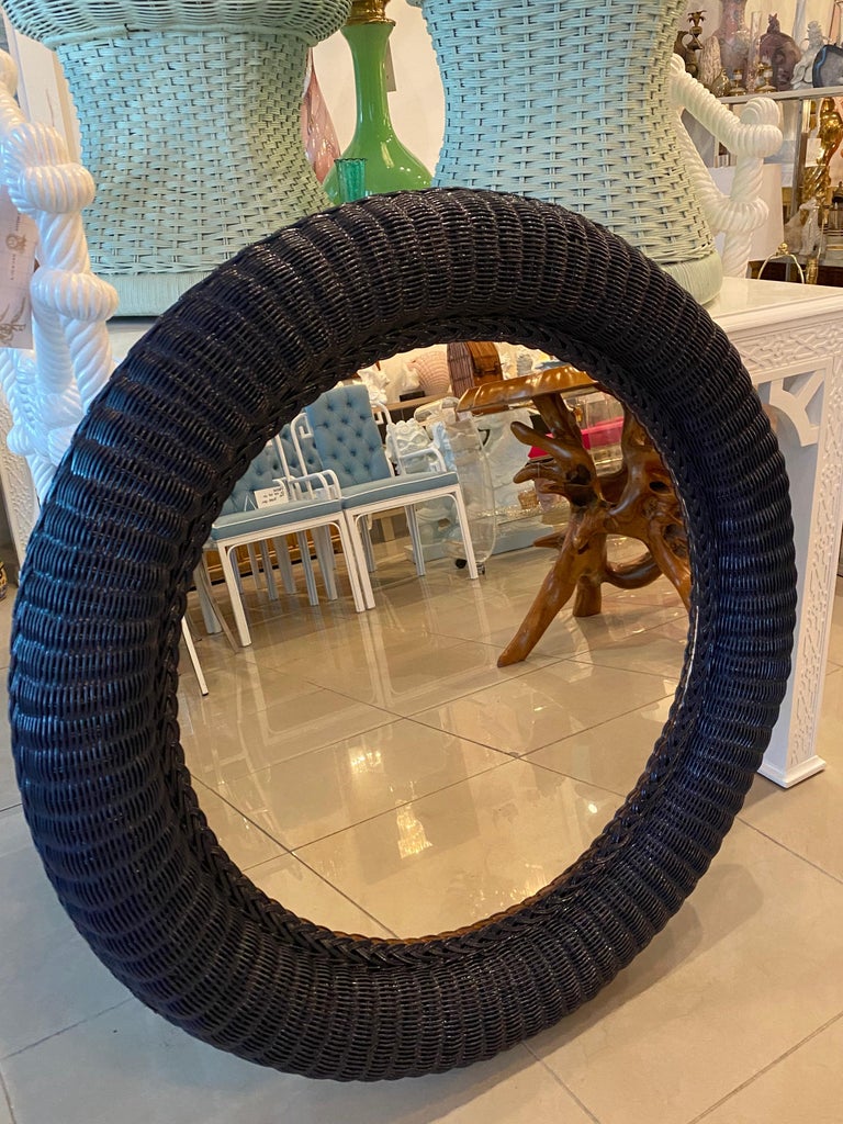 Vintage Braided Wicker Navy Blue Lacquered Round Wall Mirror For Sale ...