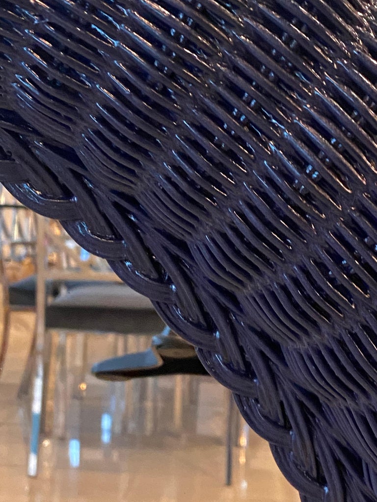 Vintage Braided Wicker Navy Blue Lacquered Round Wall Mirror For Sale ...