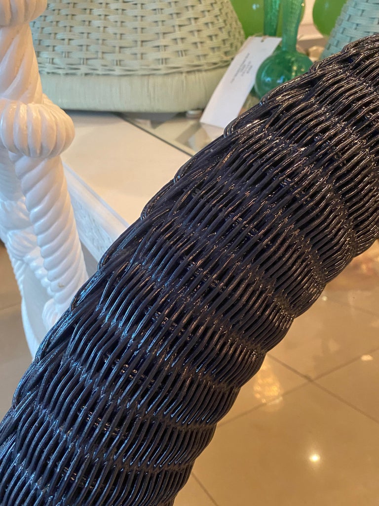 Vintage Braided Wicker Navy Blue Lacquered Round Wall Mirror For Sale ...