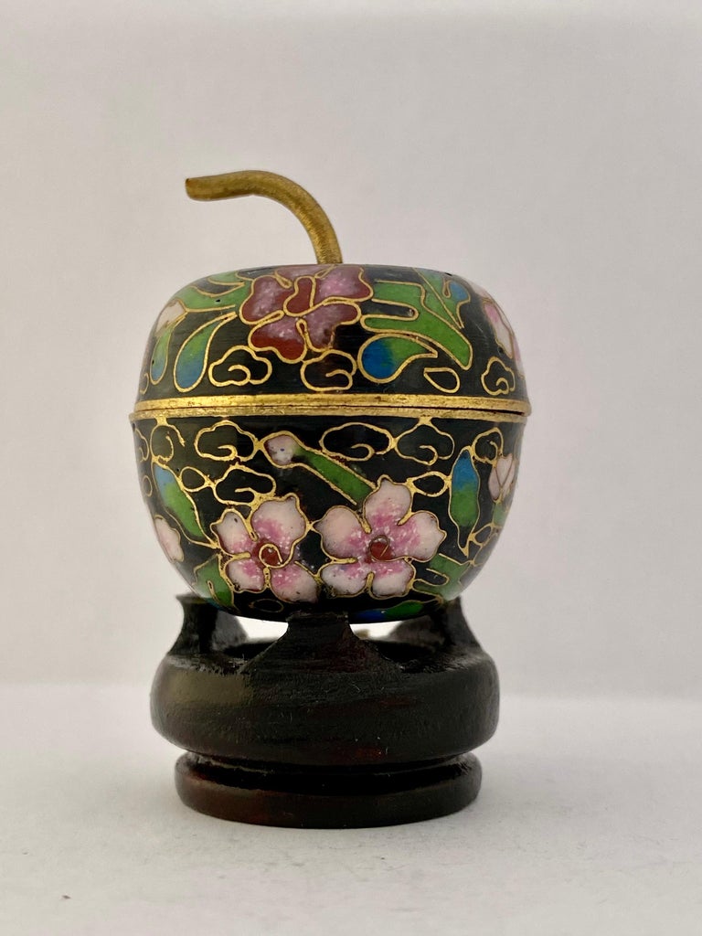 Vintage Brass and Enamel Cloisonné Apple Shape Pill Box For Sale at 1stDibs