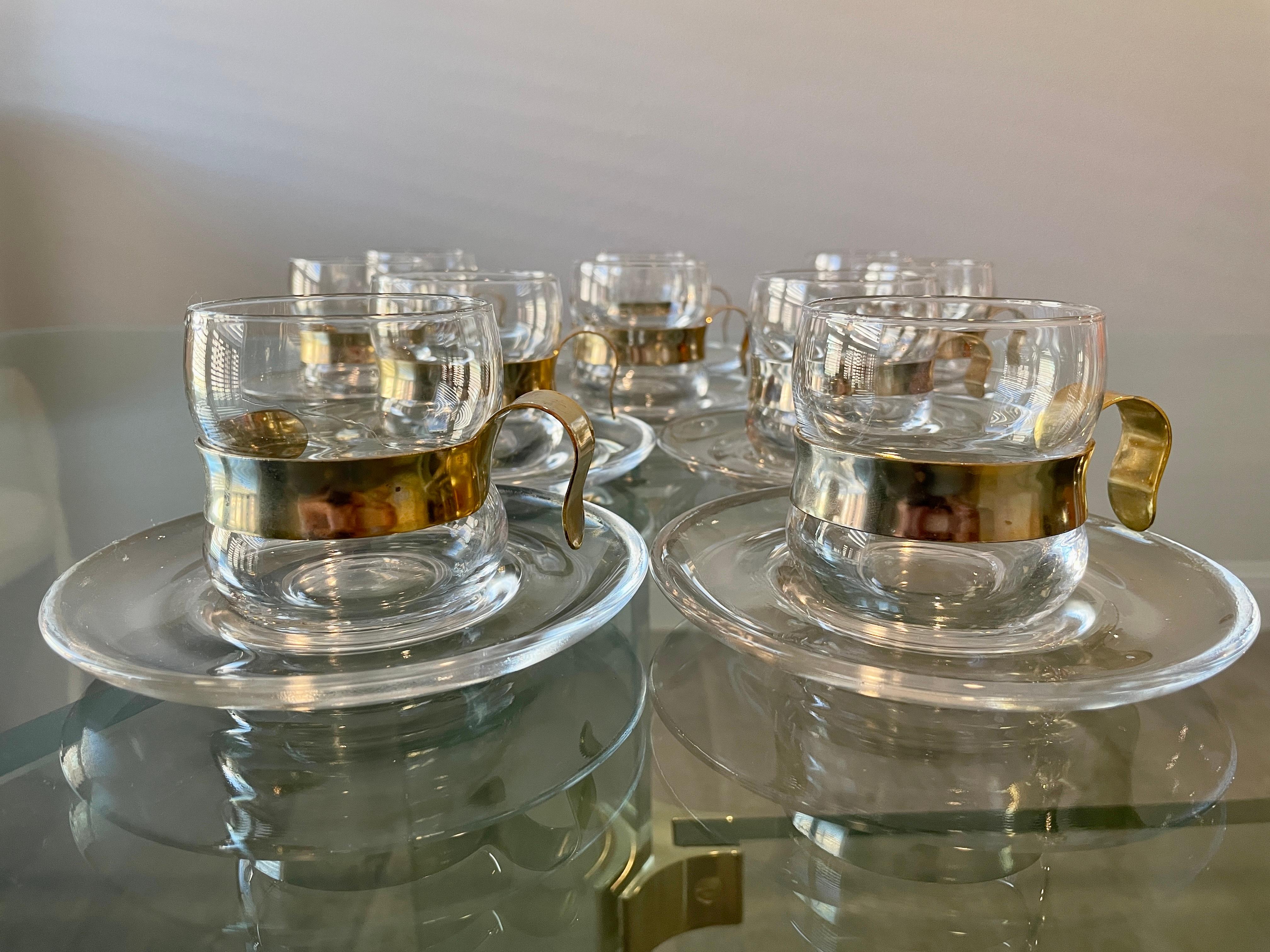 Vintage Brass and Glass Demitasse Cups and Saucers For Sale at 1stDibs