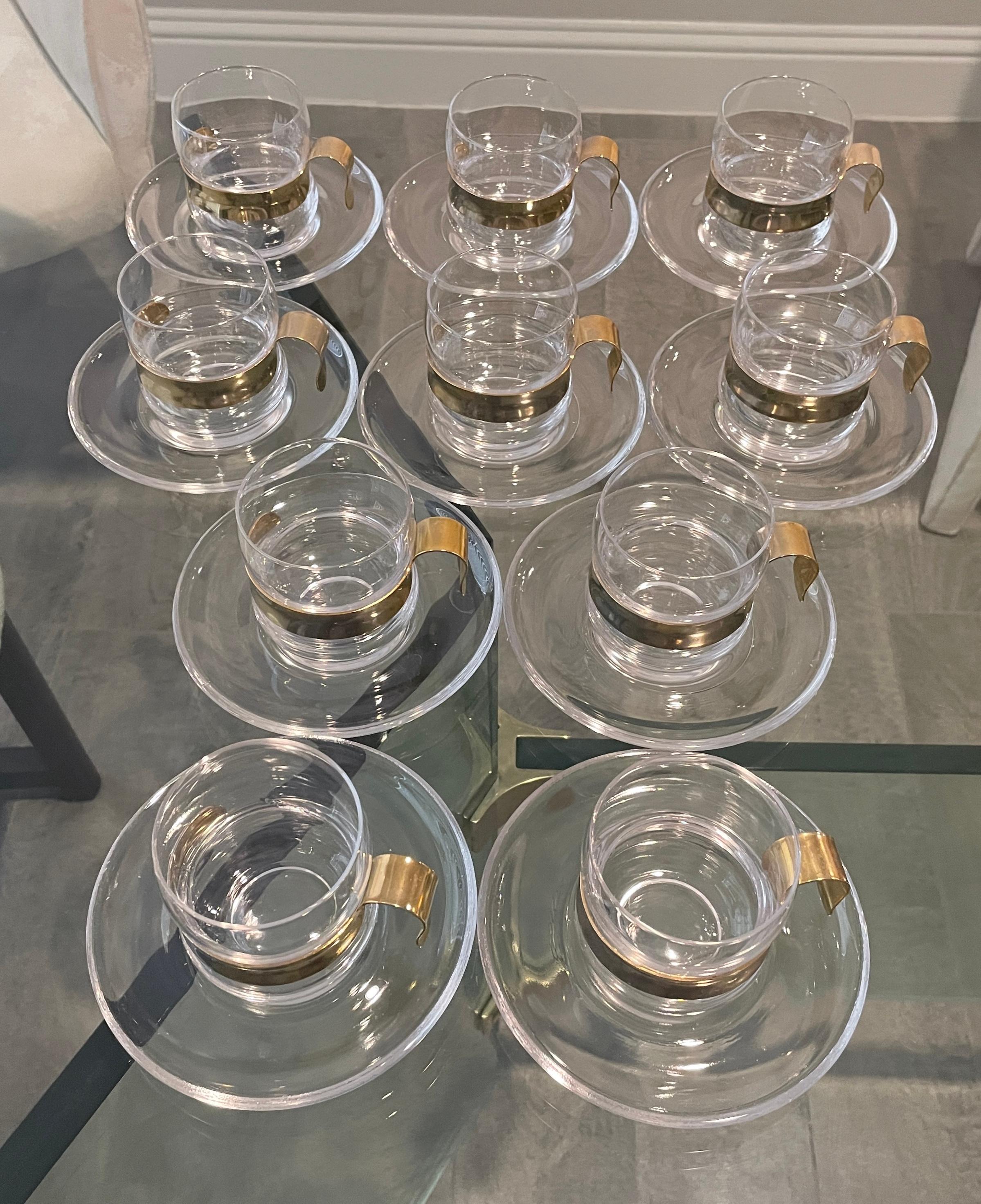 Vintage Brass and Glass Demitasse Cups and Saucers For Sale at 1stDibs