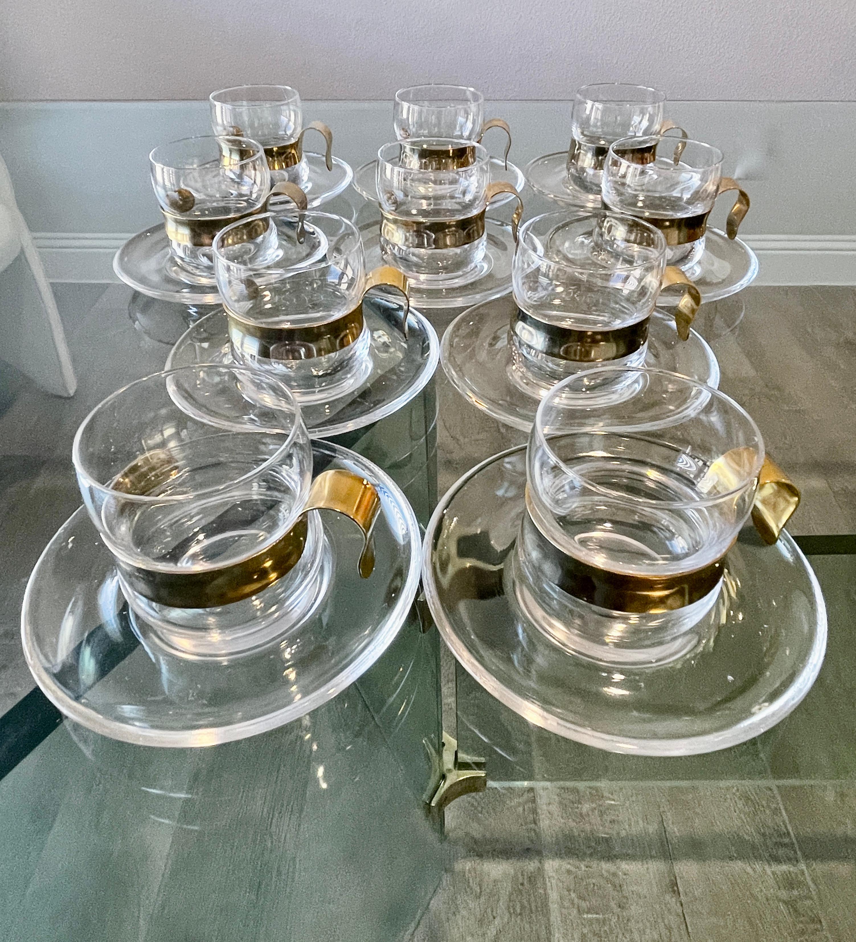Vintage Brass and Glass Demitasse Cups and Saucers For Sale at 1stDibs