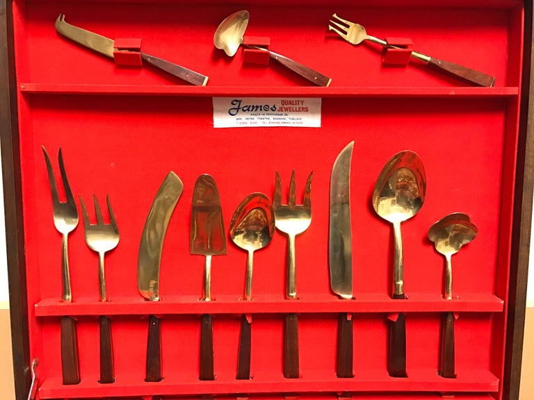 Vintage Brass and Rosewood Boxed Flatware Set Service 144 Pieces For ...