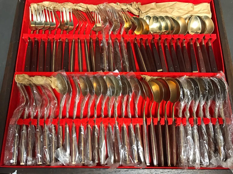Vintage Brass and Rosewood Boxed Flatware Set Service 144 Pieces For ...