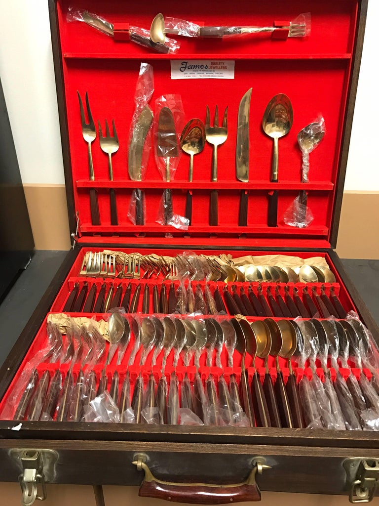 Vintage Brass and Rosewood Boxed Flatware Set Service 144 Pieces For ...