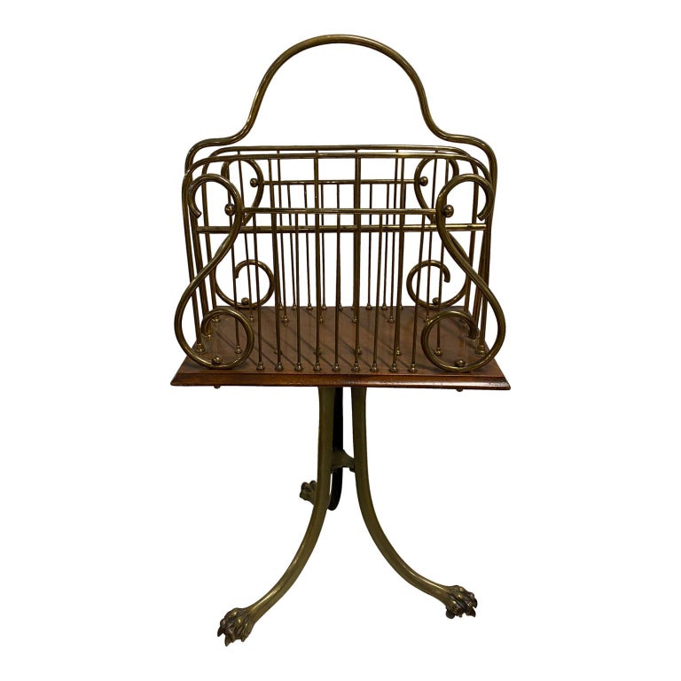 Vintage Brass and Wood Magazine Rack For Sale at 1stDibs